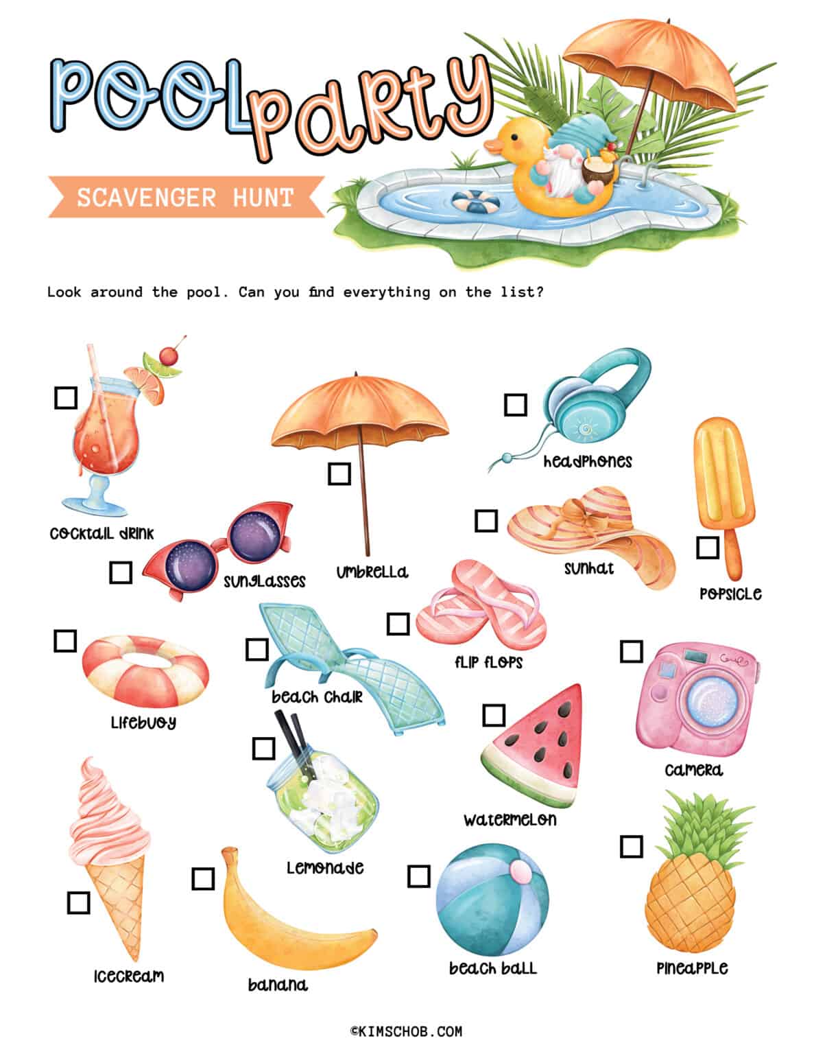 Pool Party Printables and Coloring Sheets - Kim Schob