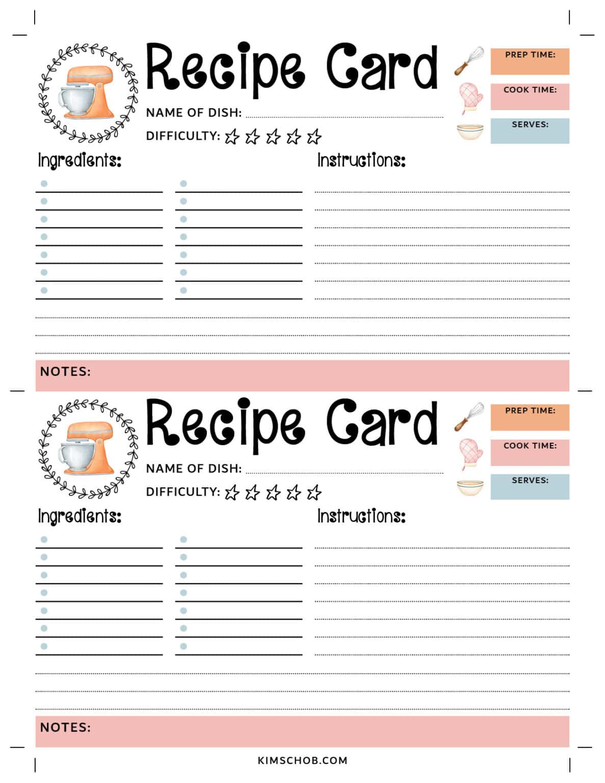 Free Recipe Card Printable - Kim Schob