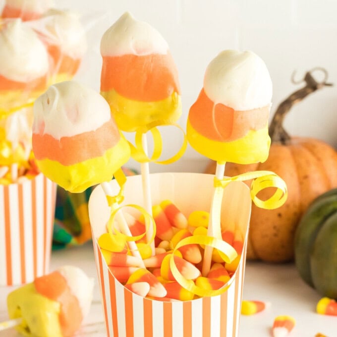 Easy Halloween Candy Corn Cake Pops Recipe - Kim Schob