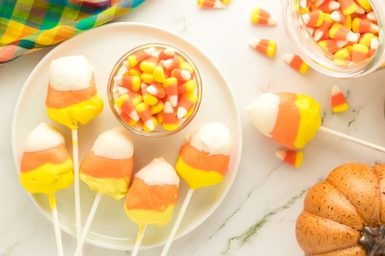 Easy Halloween Candy Corn Cake Pops Recipe - Kim Schob