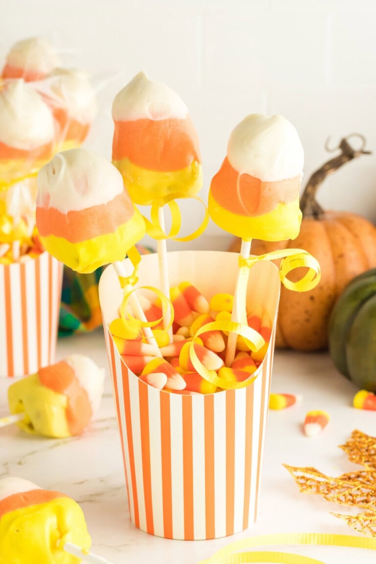 Easy Halloween Candy Corn Cake Pops Recipe - Kim Schob