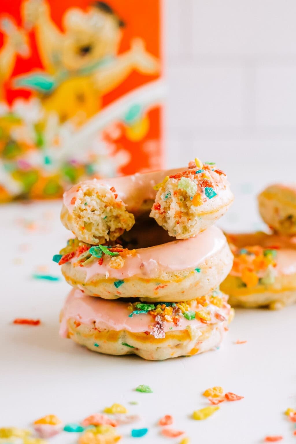 Fruity Pebbles Donuts with Vanilla Glaze - Kim Schob